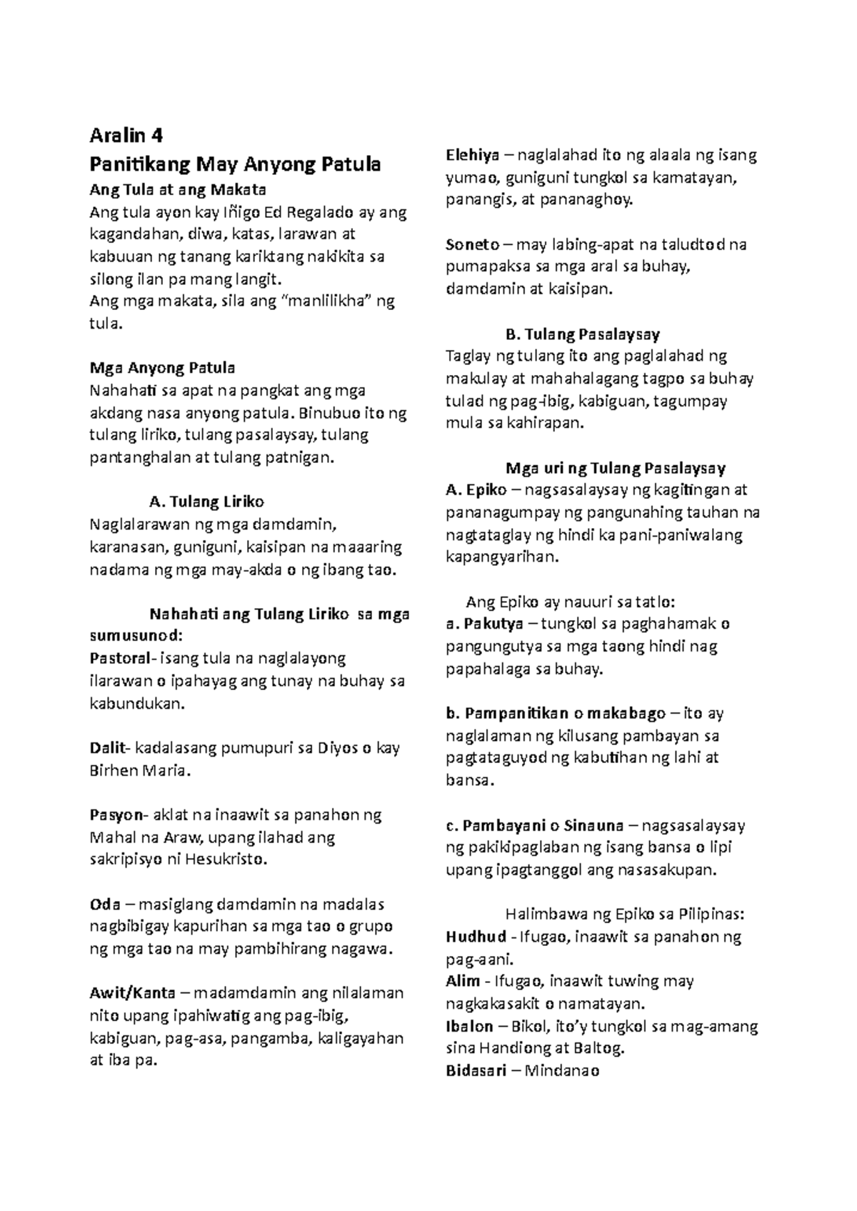 FIL 13 Aralin 4-7: Pag-aaral ng Panitikang May Anyong Patula at ...