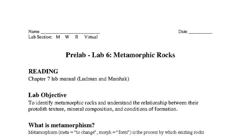 Lab 6 Prelab: Understanding Metamorphic Rocks and Their Formation - Studocu