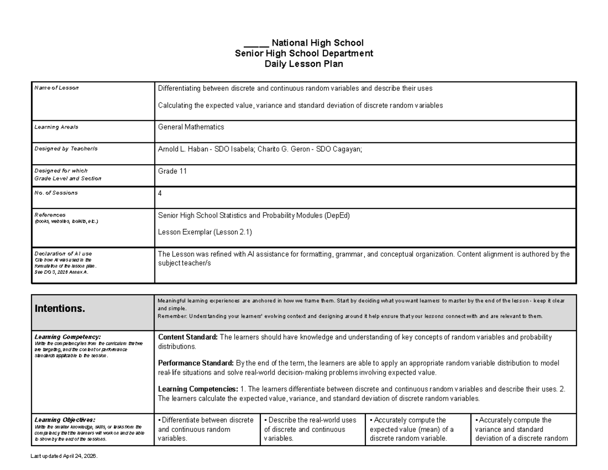 Grade 11 General Math Lesson Plan: Discrete vs. Continuous Variables ...