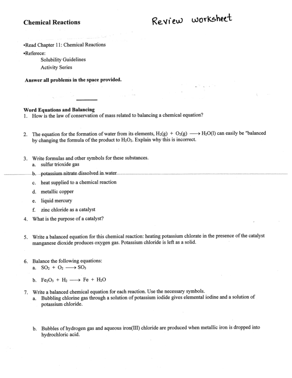 Unit 6 - Review Worksheet: Chemical Reactions & Balancing - Studocu