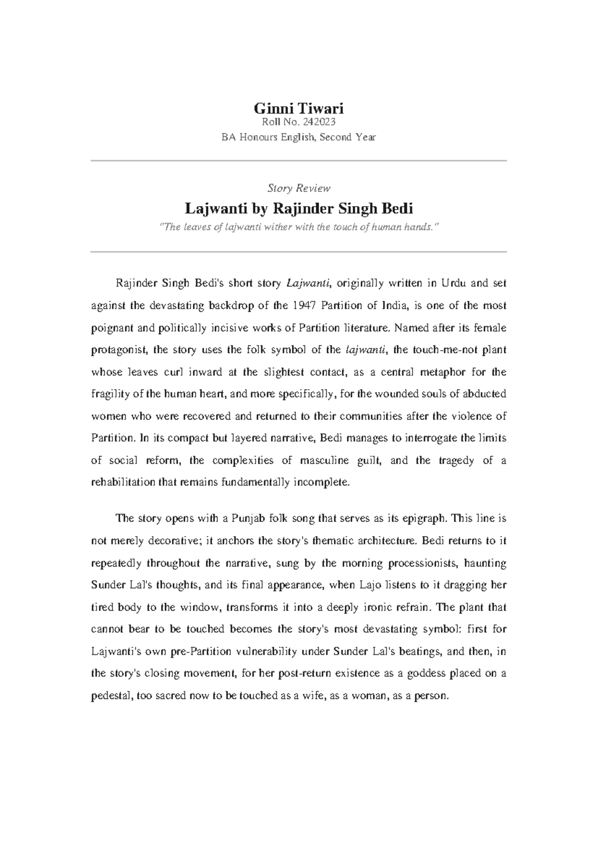 Lajwanti Story Review - BA Honours English 242023 - Studocu