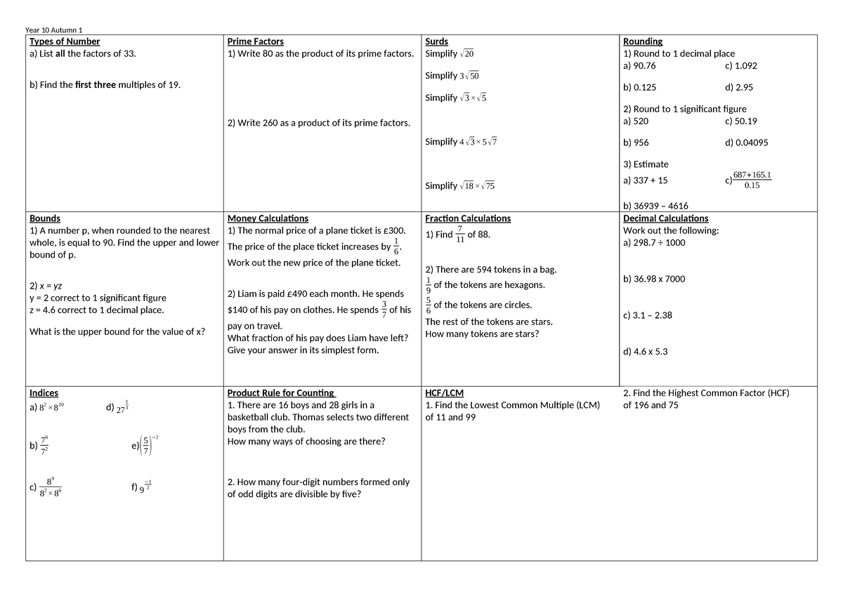 Year 10 Aut1a Revision - hvhvhhvhvhvhvhvhv - Year 10 Autumn 1 Types of ...