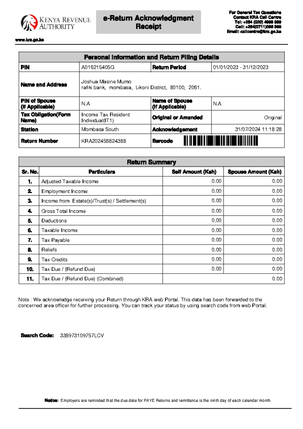 KRA e-Return Acknowledgment & Receipt Sample for Tax Filing - Studocu
