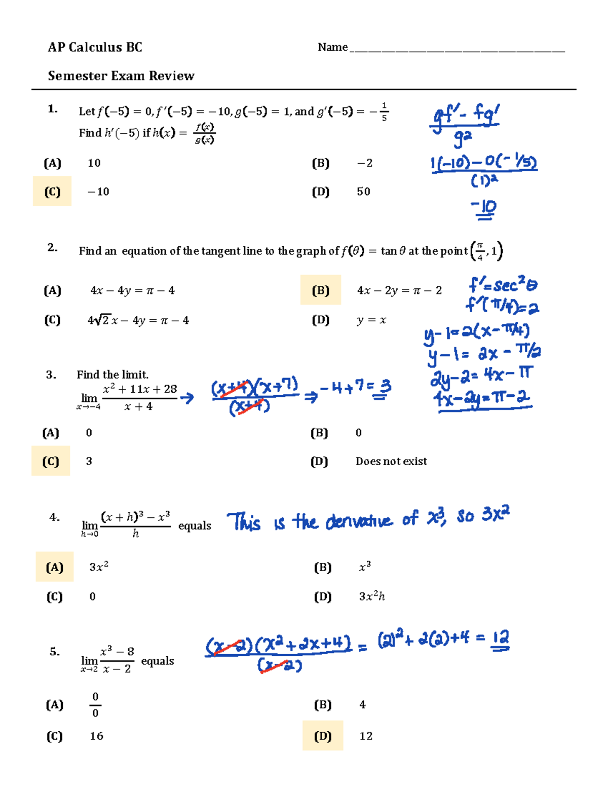 AP Calculus BC Semester Exam Review Key - Studocu