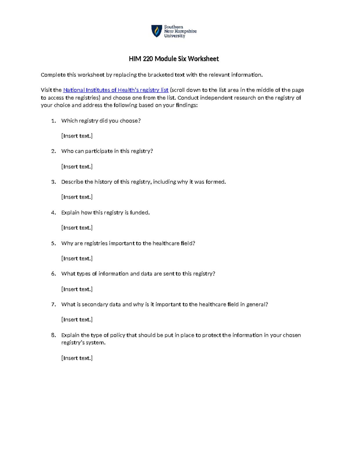 HIM 220 Module 6 Registry Research Worksheet - Studocu