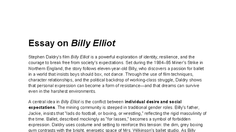 Essay on Billy Elliot: Identity, Resilience & Breaking Barriers - Studocu