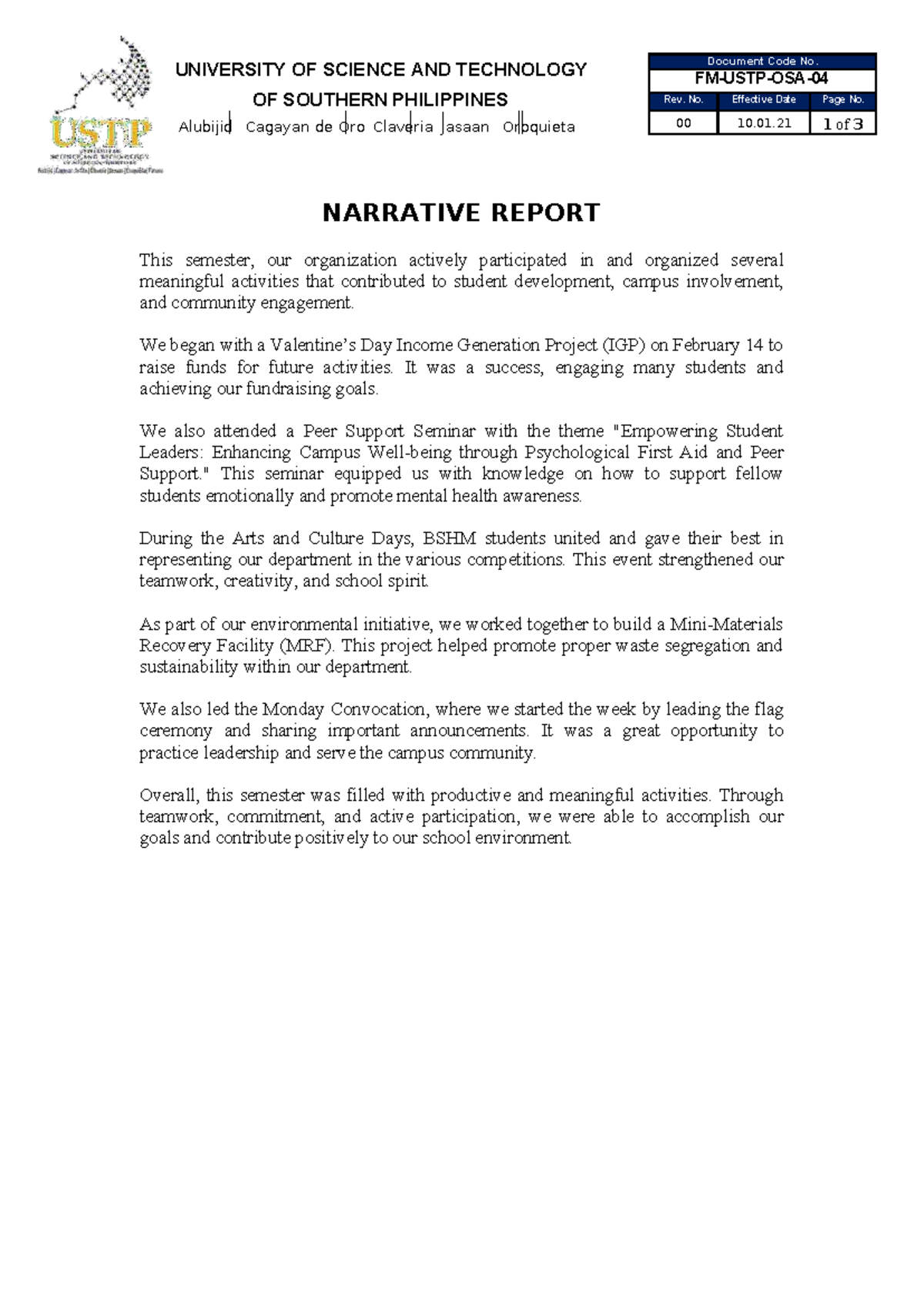 2nd Sem Narrative Report: Student Engagement & Activities Summary - Studocu