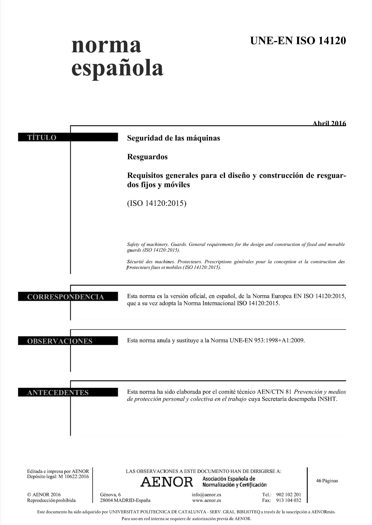 Norma ISO 14120:2016 - Seguridad de Máquinas y Requisitos de Resguardos ...