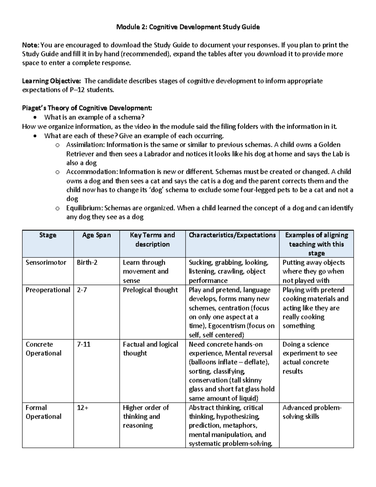 Cognitive Development Study Guide 2: Piaget & Vygotsky Theories - Studocu