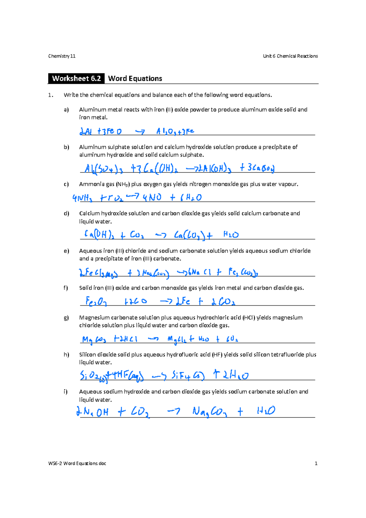 Chemistry 11 WS6-2 Writing & Balancing Chemical Equations - Studocu