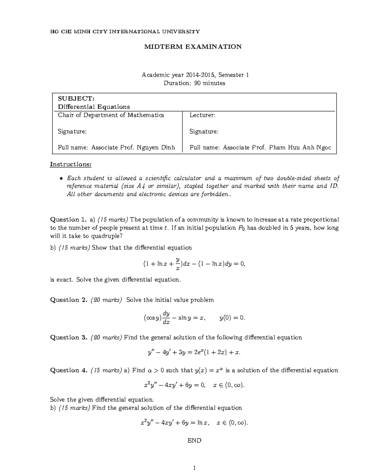 2014-2015 Midterm Exam S1: Differential Equations Insights - Studocu
