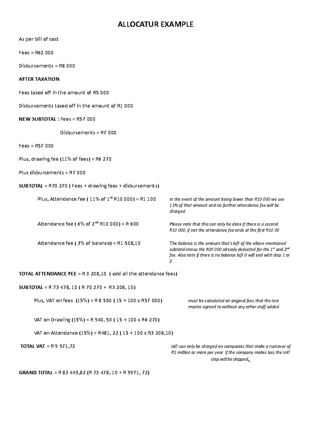 Allocatur Example: Legal Cost Calculation Breakdown - Studocu