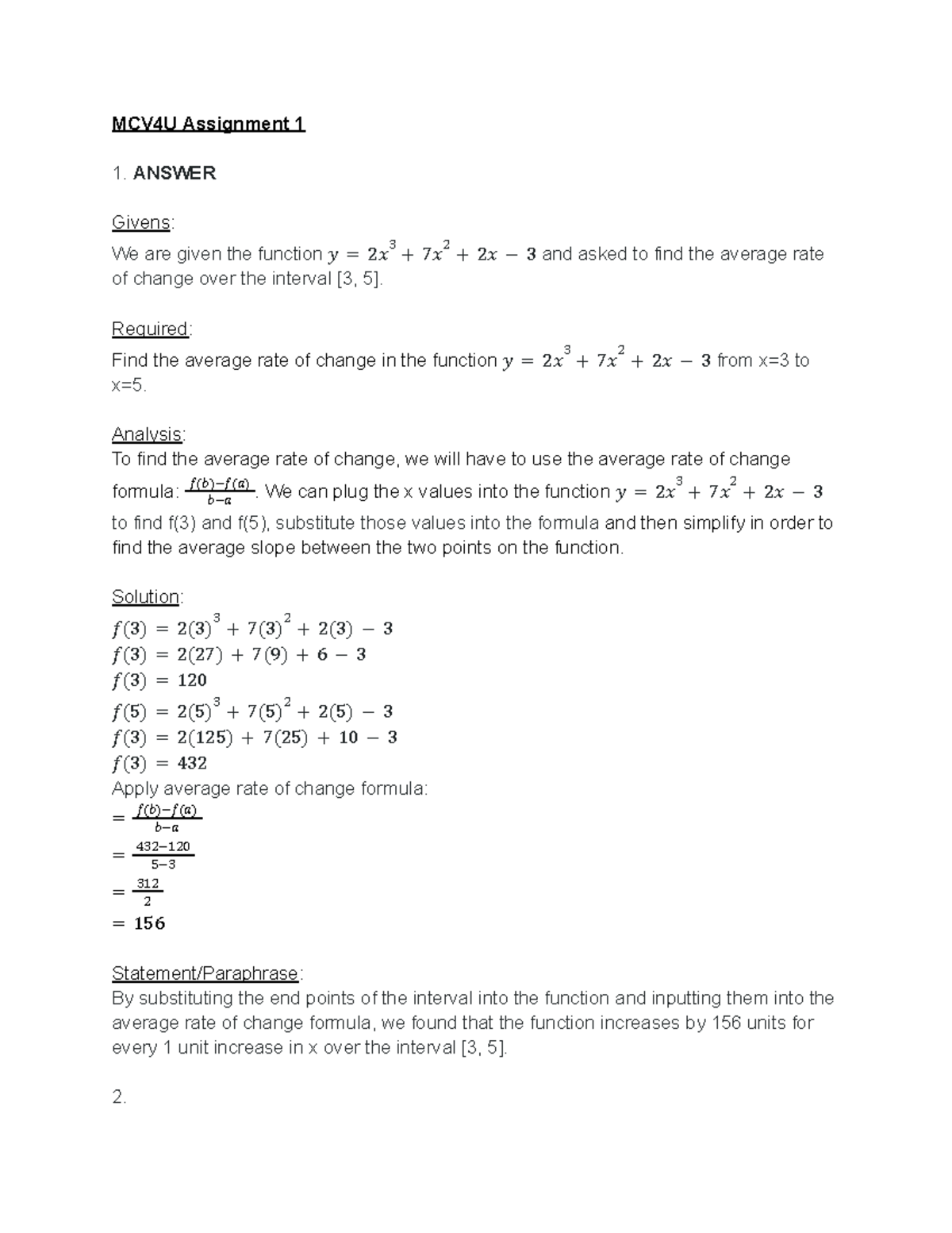 MCV4U Assignment 1: Average and Instantaneous Rates of Change - Studocu