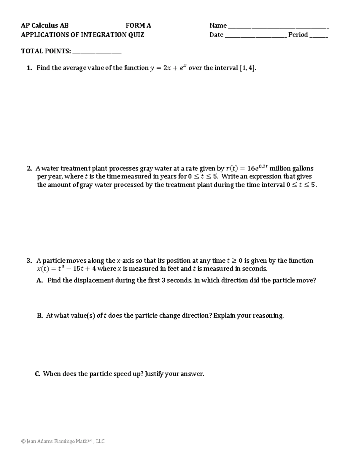 AP Calculus Applications of Integration Test FORM A (Test 8A) - Studocu