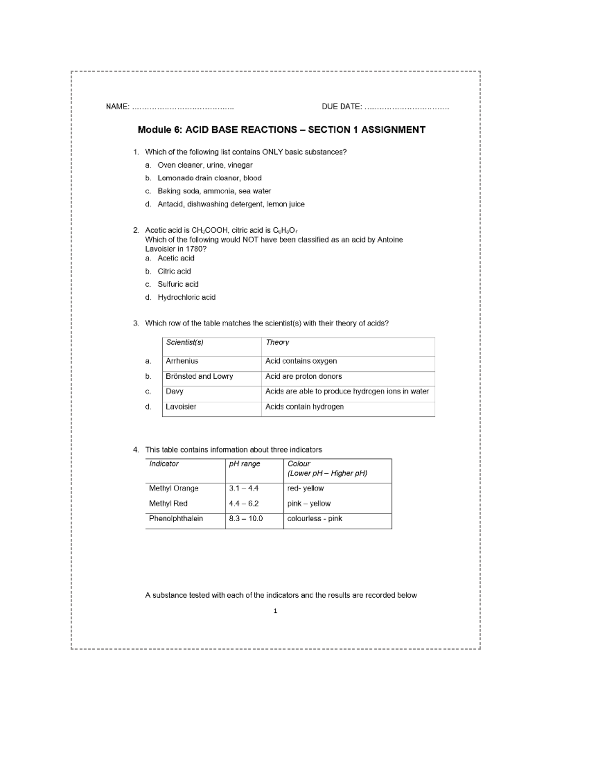 Module 6: Acid Base Reactions - Assignment Questions - Studocu
