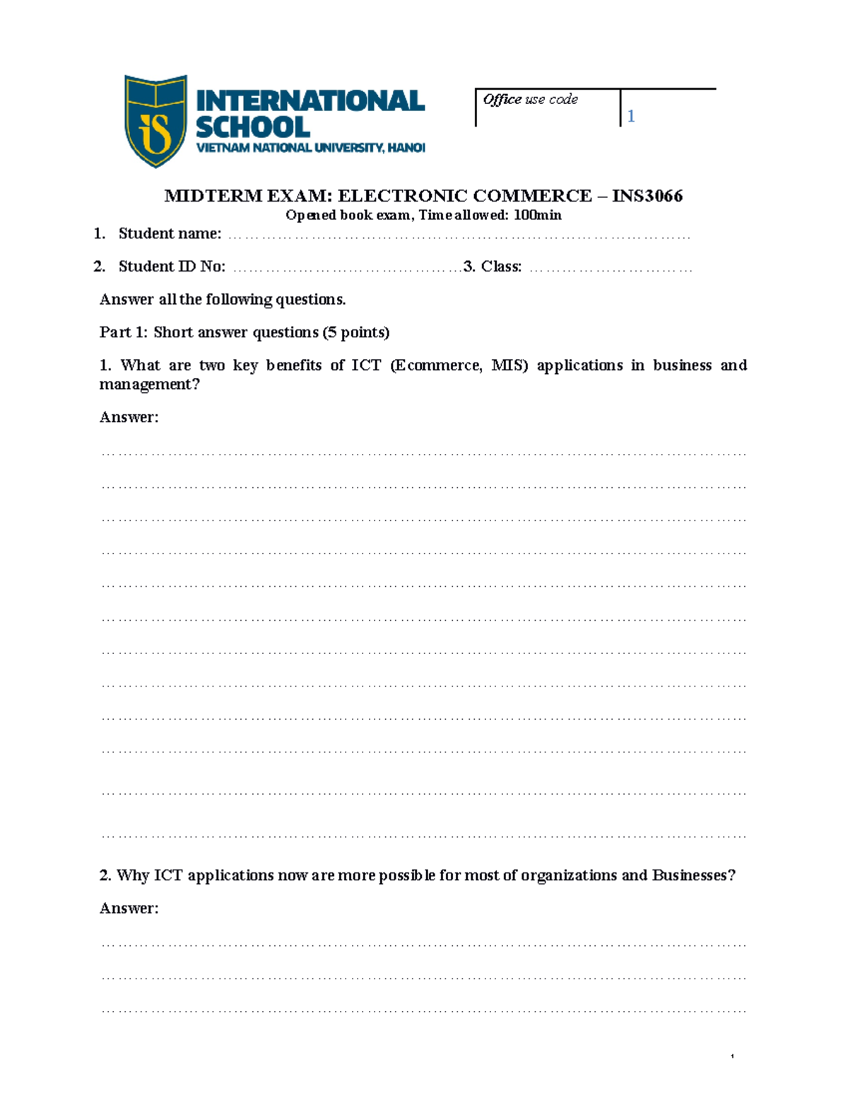 INS3066 Midterm Exam 2023: Electronic Commerce Assessment - VNUIS - Studocu