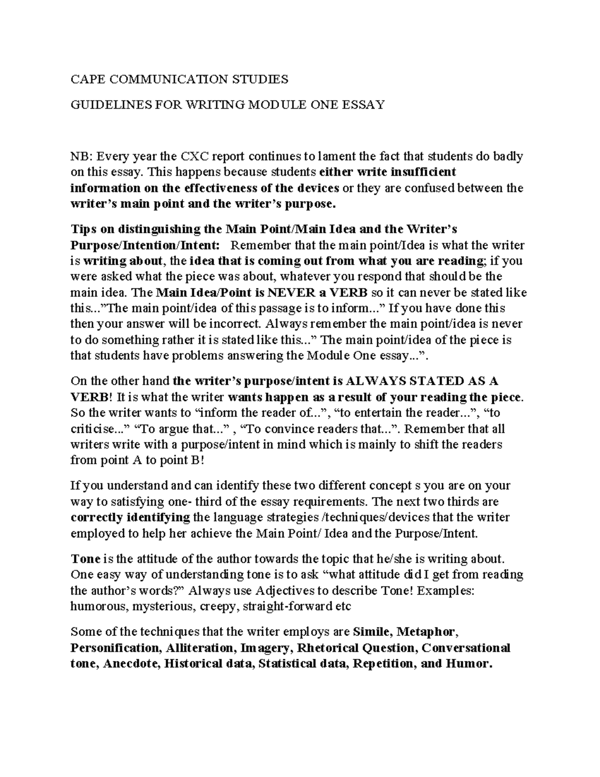 CAPE COMMUNICATION STUDIES Module 1 Essay Writing Guidelines - Studocu