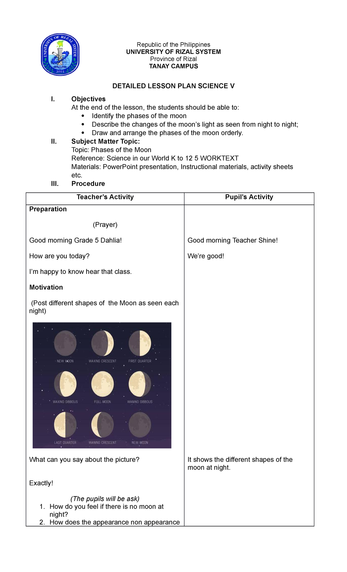 LP Science V Lesson Plan on Phases of the Moon - Studocu