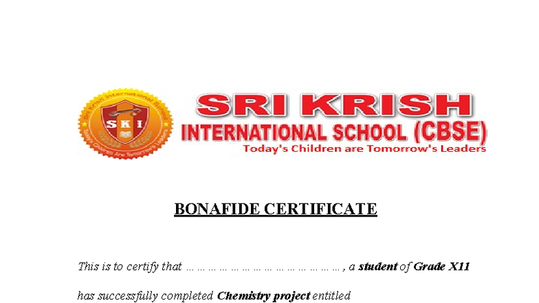 Chemistry Project Certificate - Grade XII Completion - Studocu
