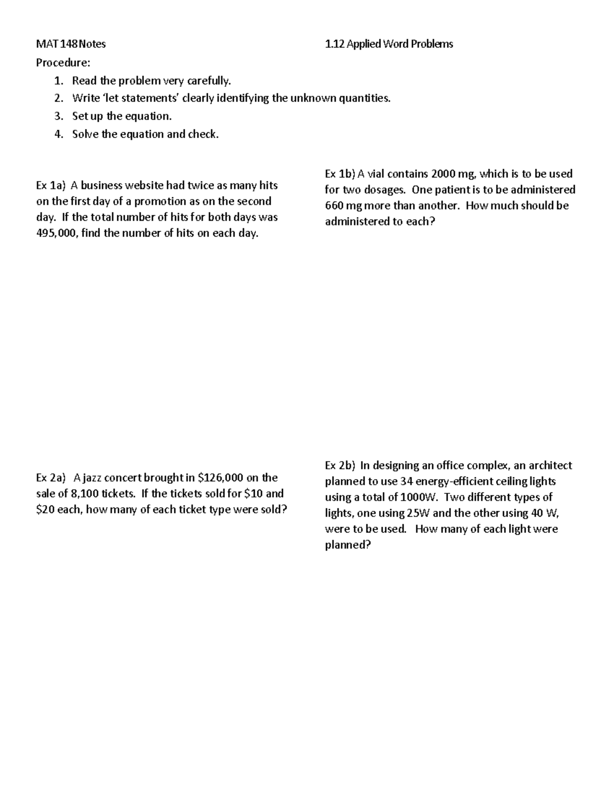 MAT 148 Lecture Notes: Applied Word Problems - Studocu