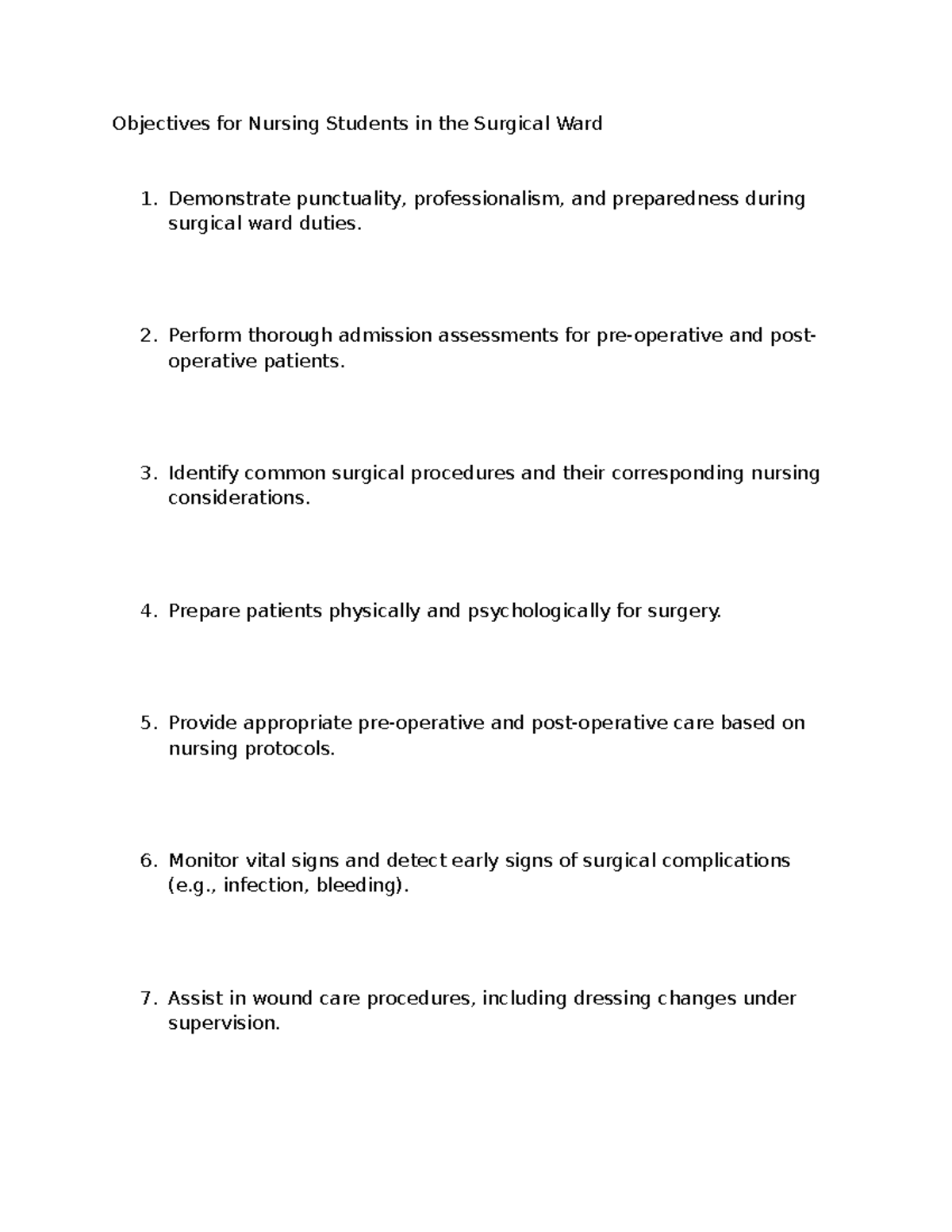 NUR 101: Surgical Ward Objectives for Nursing Students - Studocu