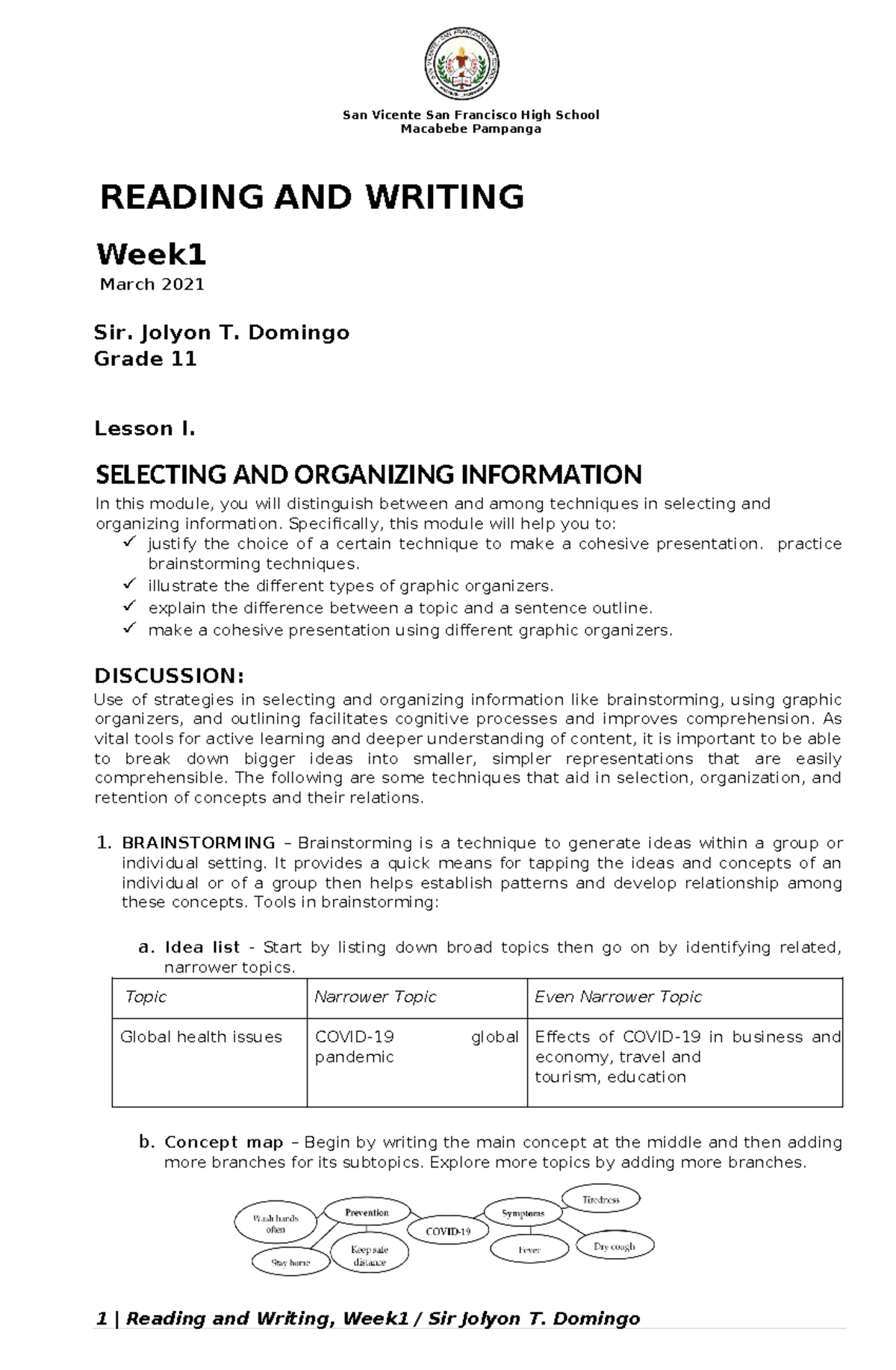 Grade 11 Reading and Writing Lesson I: Organizing Information ...