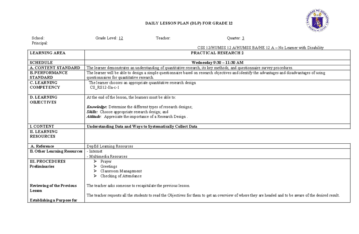DAILY LESSON PLAN (DLP) FOR GRADE 12: PRACTICAL RESEARCH 2 - Studocu