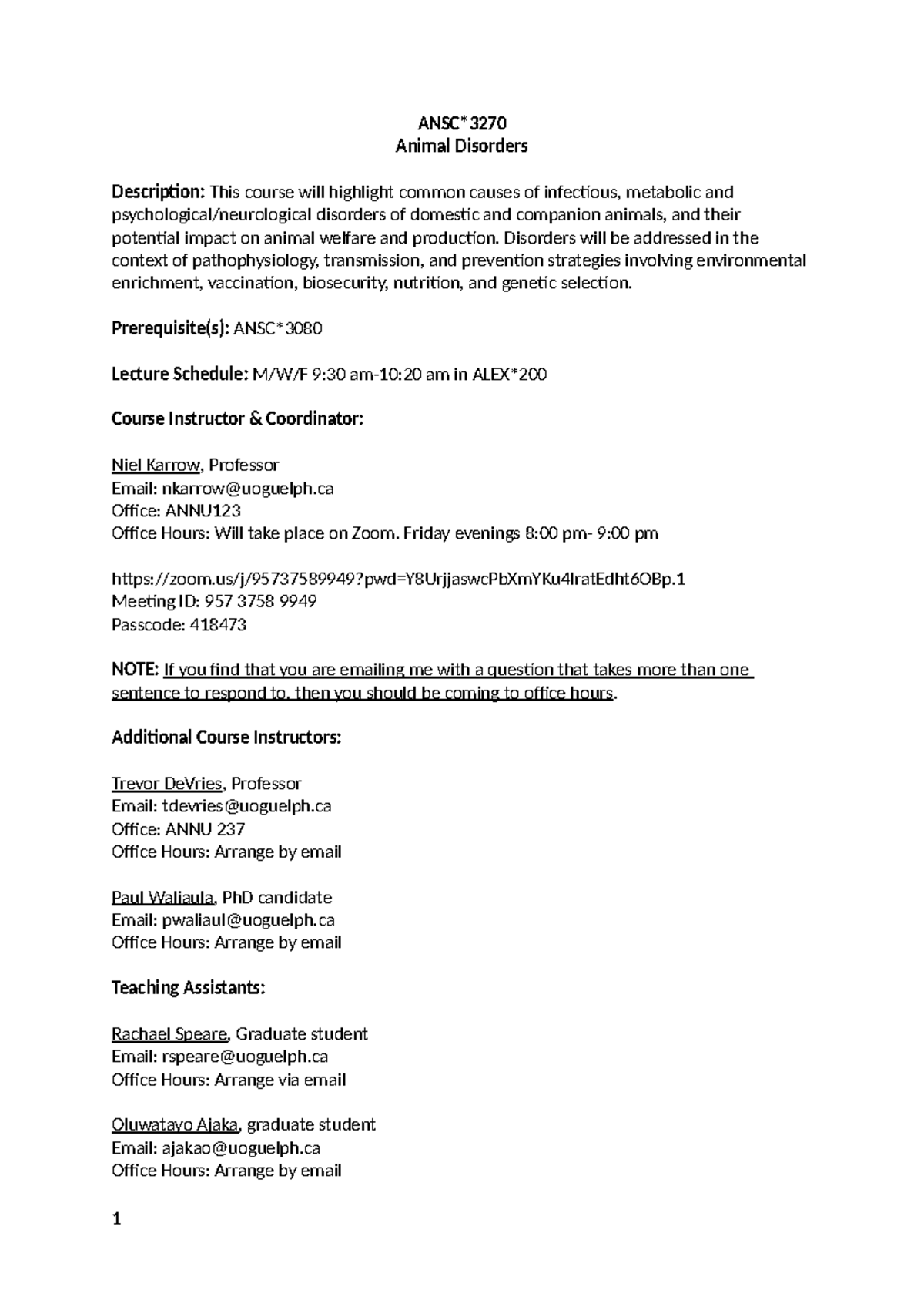 ANSC3270 course outline Jan 4 2025 - ANSC* Animal Disorders Description ...