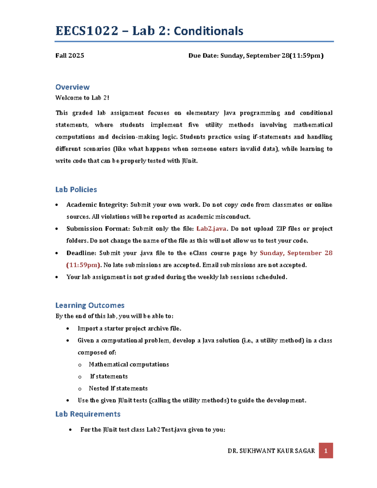 EECS1022 Lab 2: Java Conditionals & Utility Methods Guide - Studocu