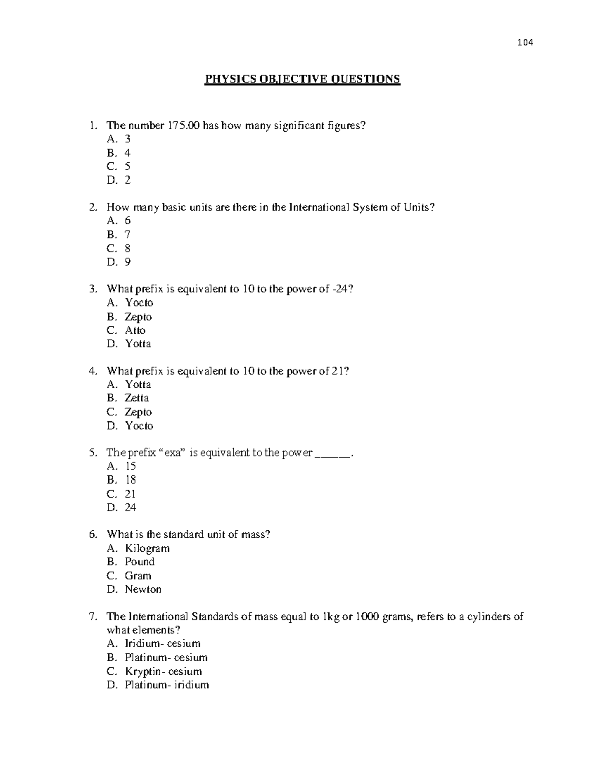 104 PHYSICS OBJECTIVE QUESTIONS - ECE 2023 Exam Prep - Studocu