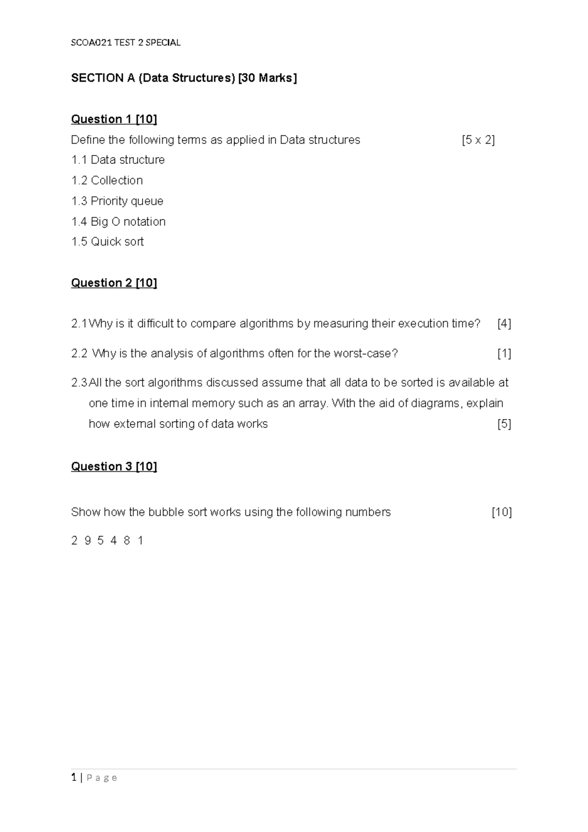 SCOA021 Test 2 Special Section A - Data Structures Overview - Studocu