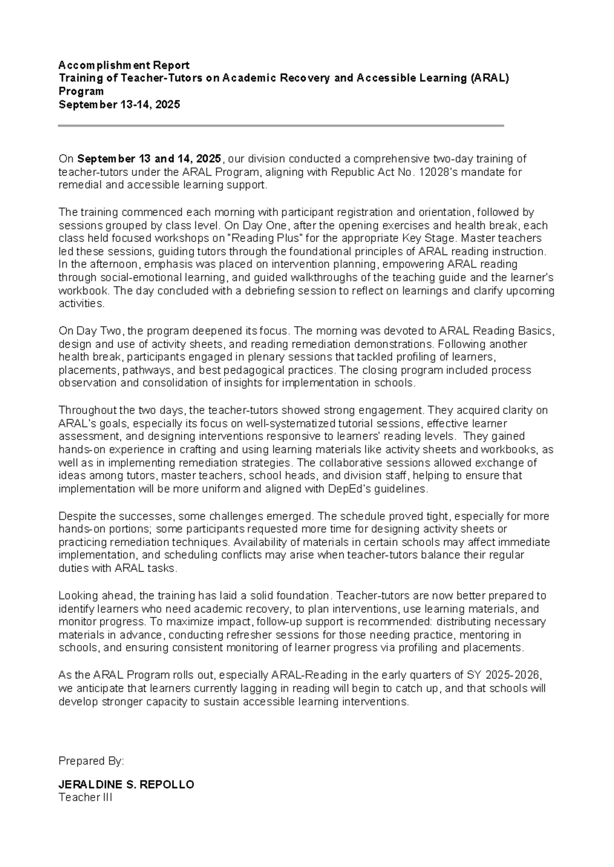 Accomplishment Report: ARAL Program Training - Sept 2025 - Studocu