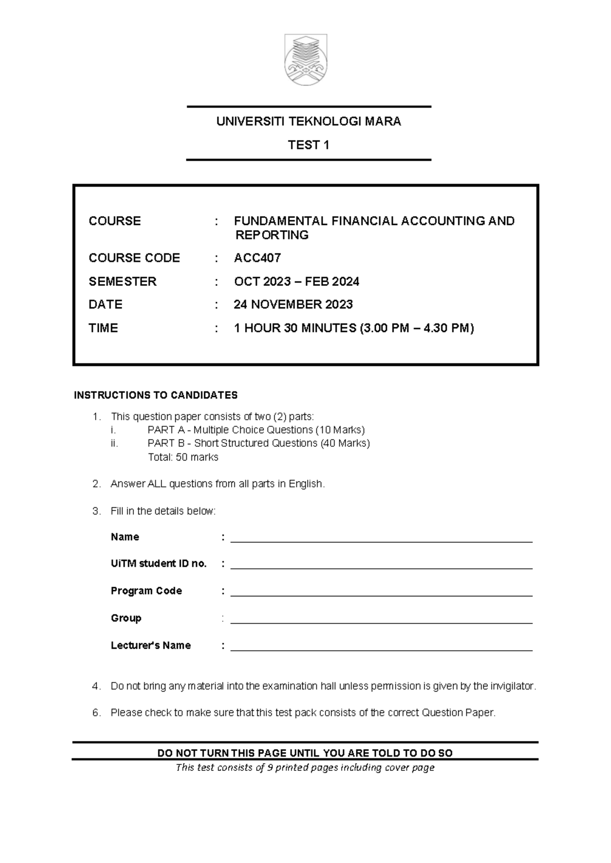 ACC Fundamental Financial Accounting Test Paper - Nov 2023 - Studocu