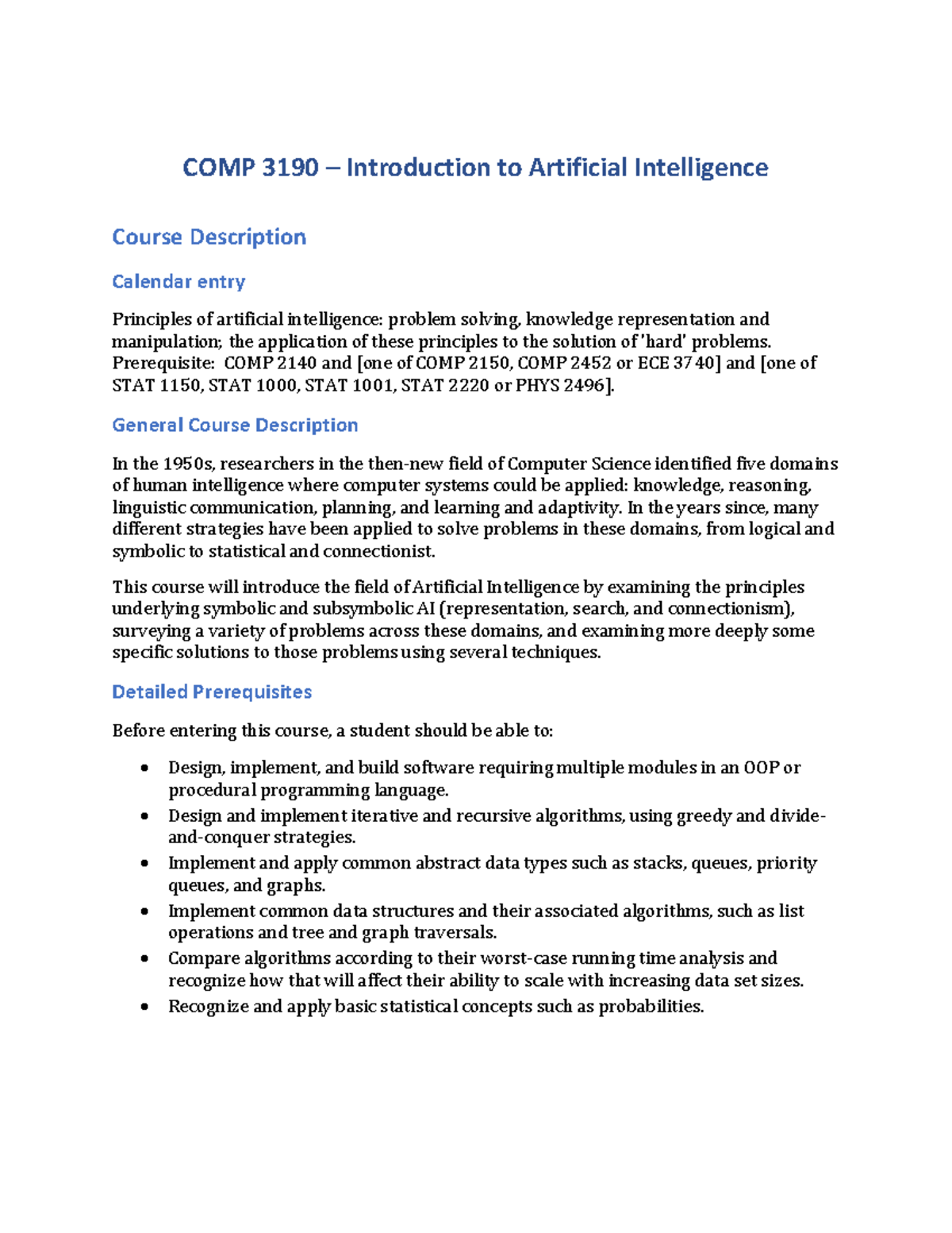 COMP 3190 Syllabus & Course Outline: Intro to AI Principles - Studocu