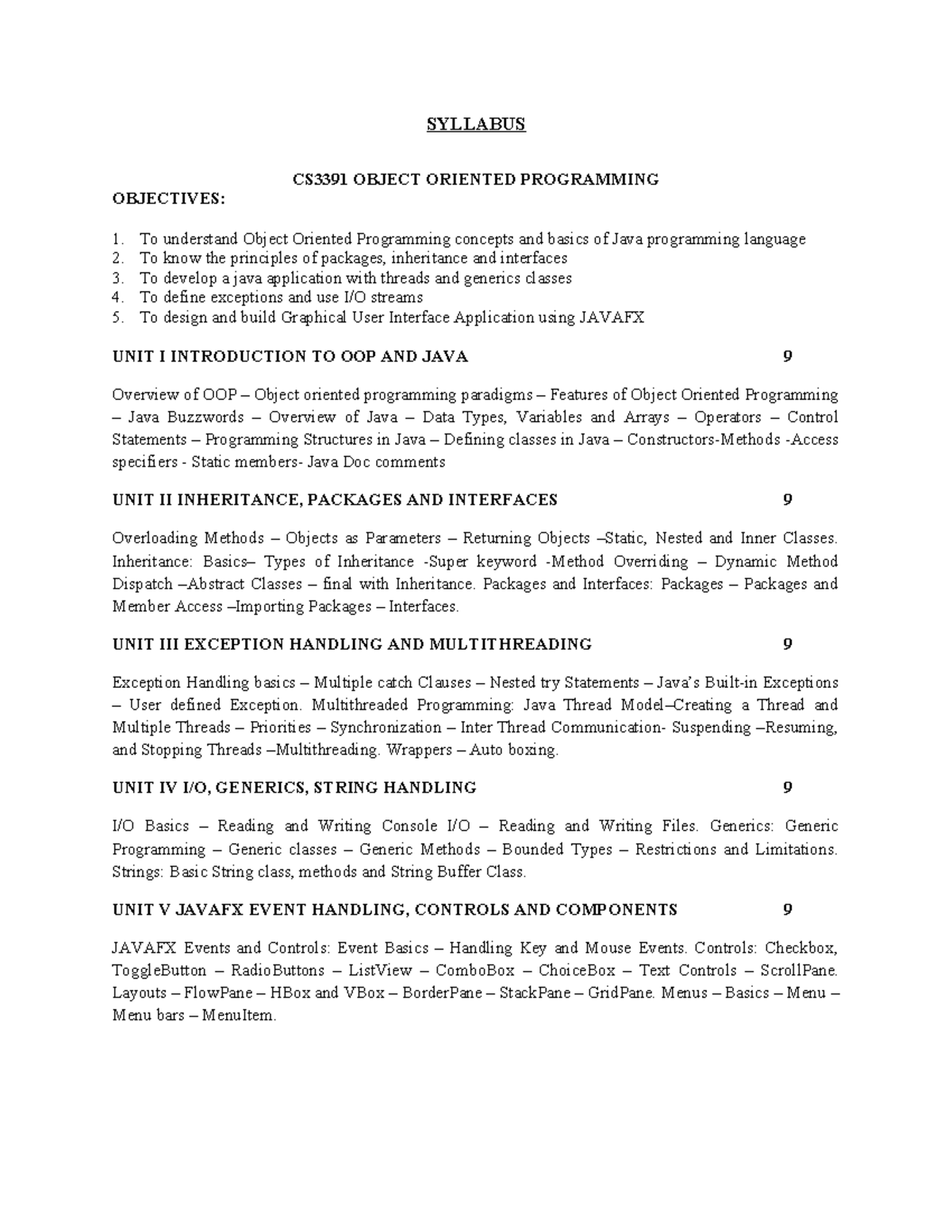 CS3391 OBJECT ORIENTED PROGRAMMING SYLLABUS NOTES - Studocu