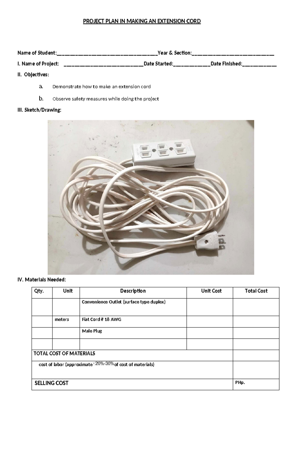 Project Plan: Extension Cord Creation & Safety Measures - Studocu