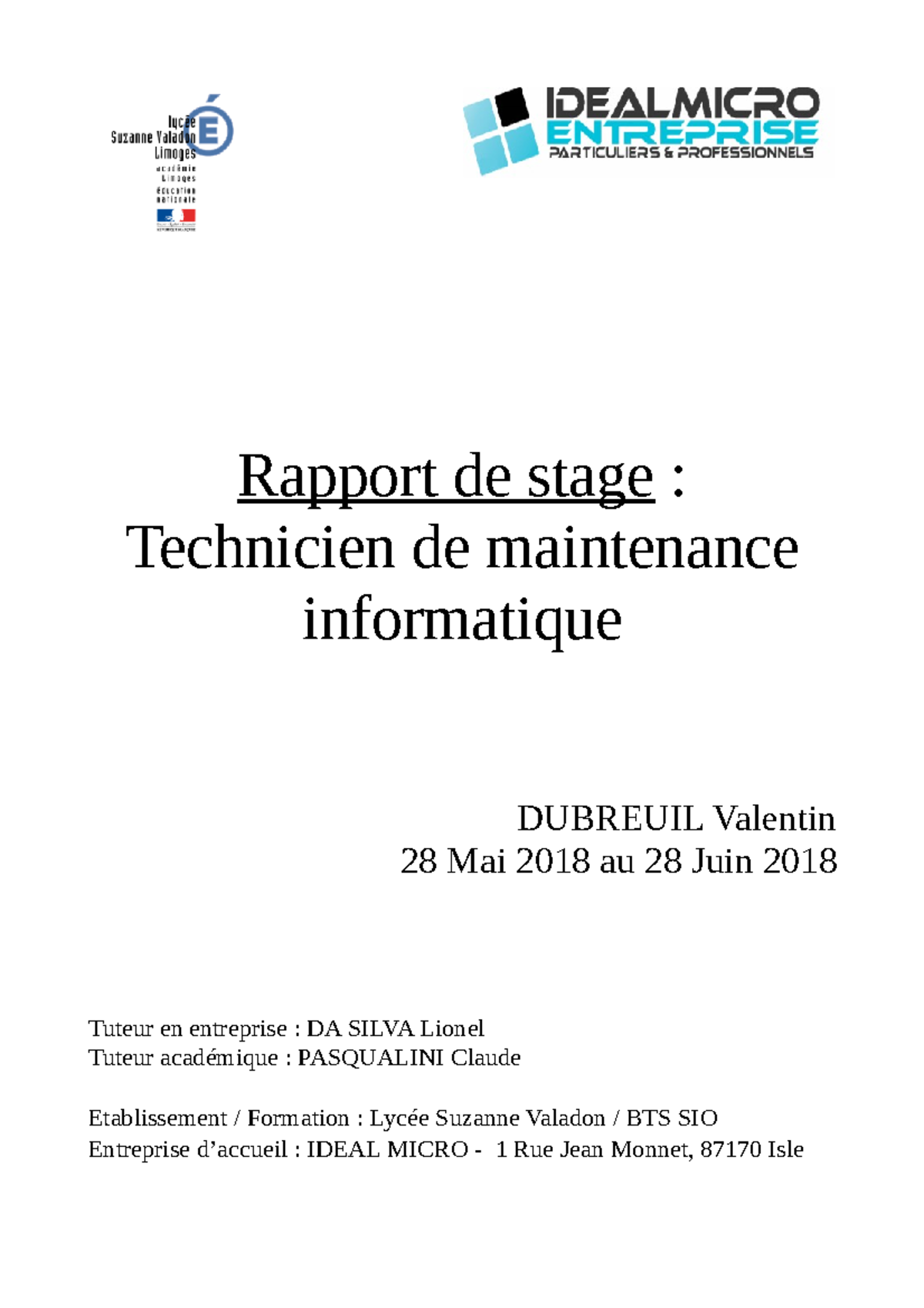 BTS SIO Rapport de Stage: Maintenance Informatique chez IDEAL MICRO ...