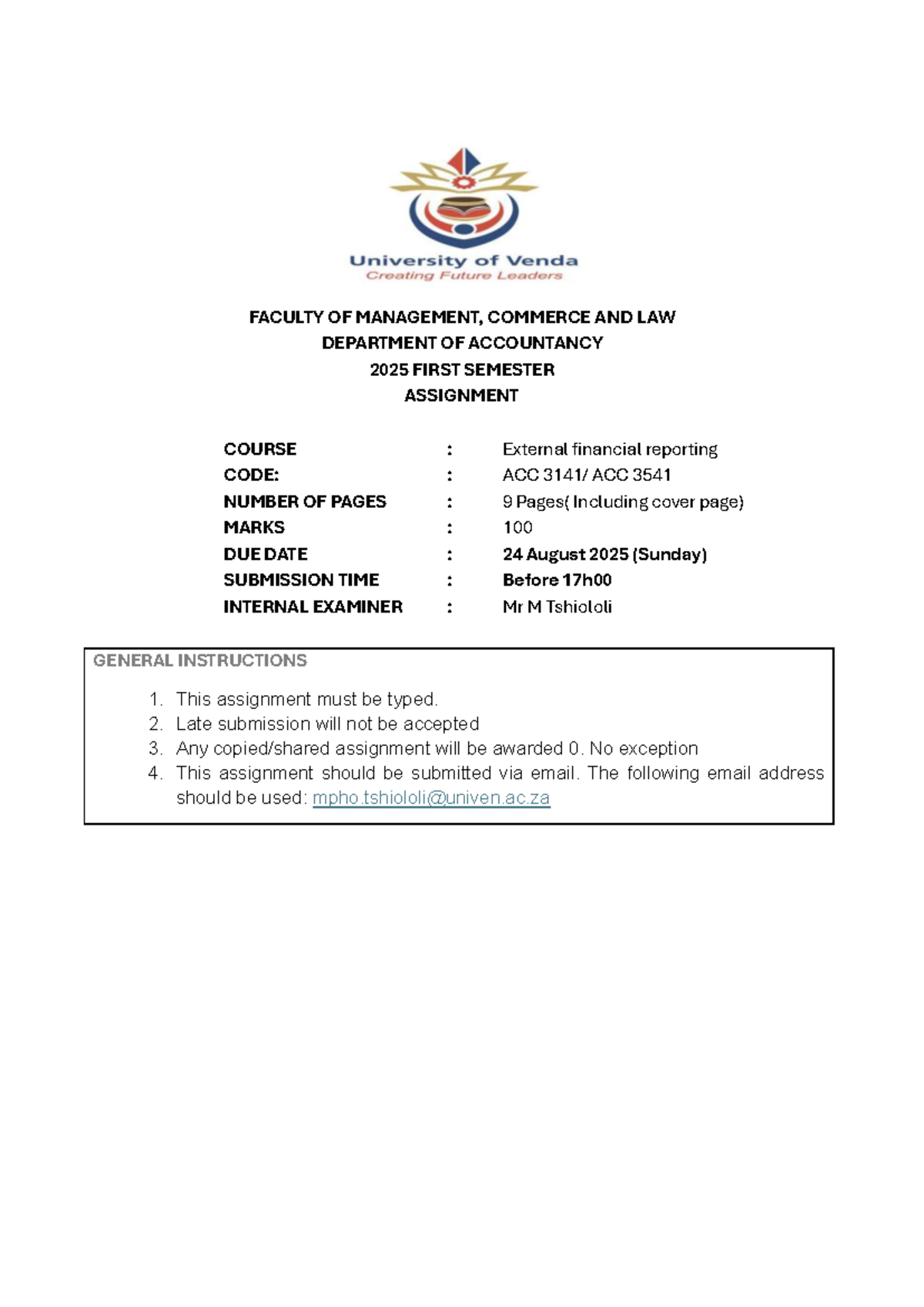 ACC 3541 First Semester Assignment: External Financial Reporting - Studocu