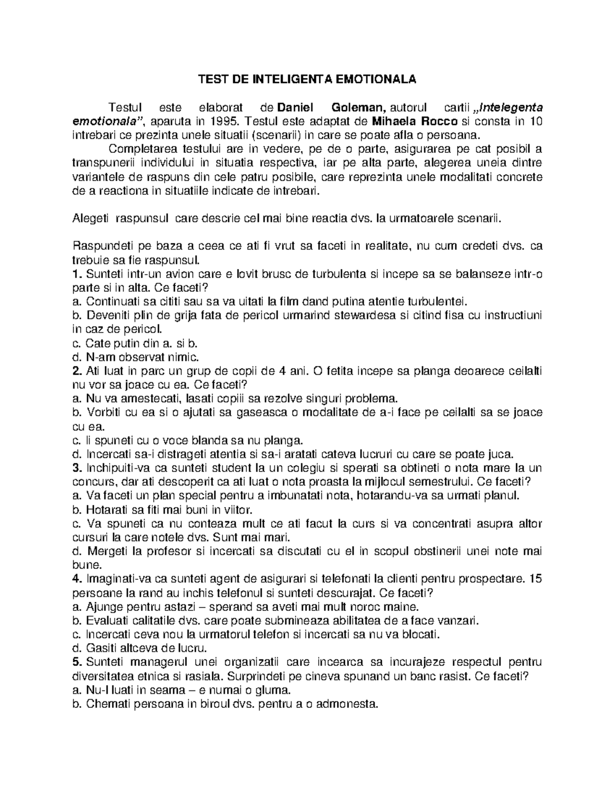 Test de Inteligență Emoțională - Daniel Goleman (Adaptat) - Studocu