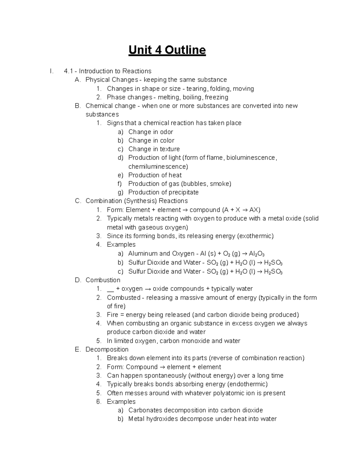 AP Chem Unit 4 Outline - IIIIII - Unit 4 Outline I. 4 - Introduction to ...