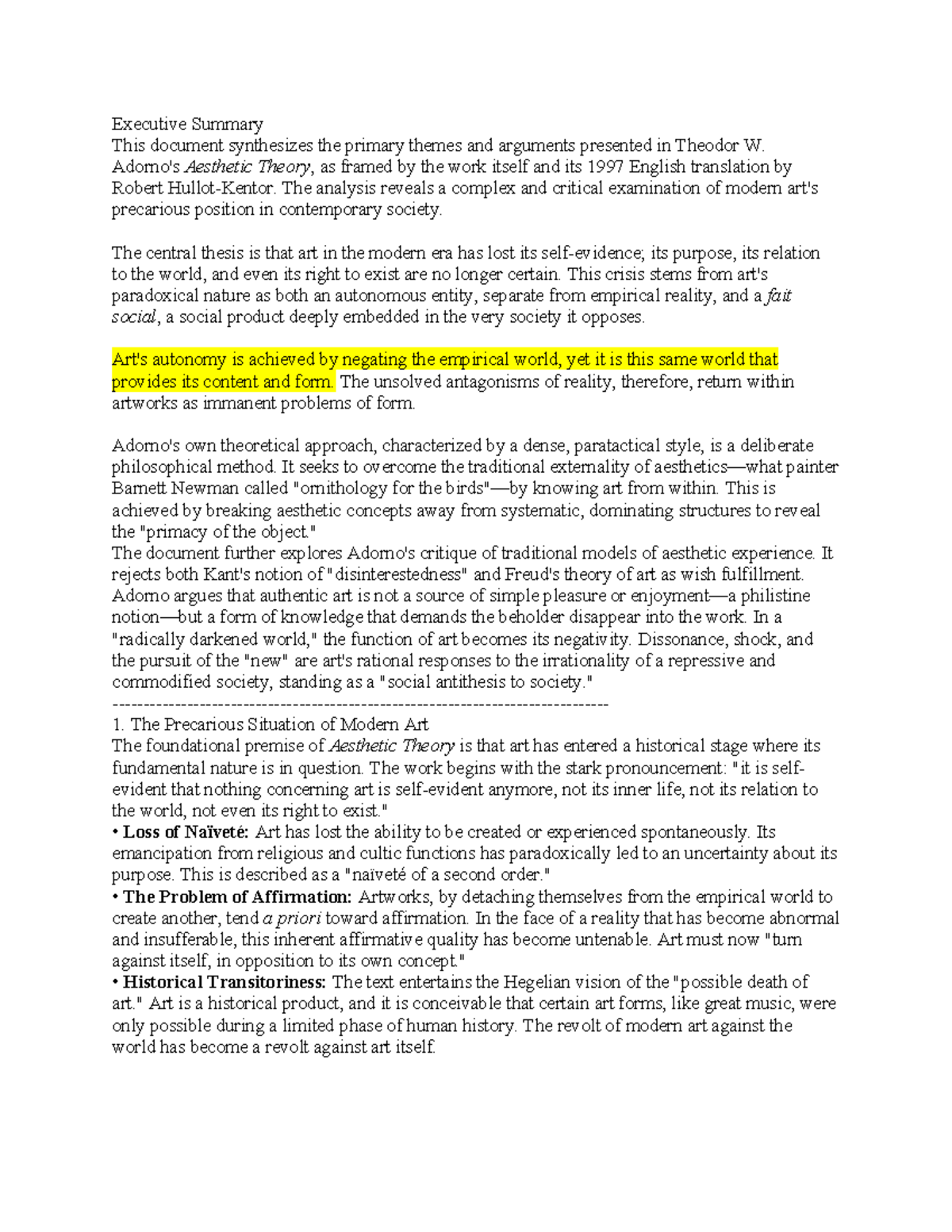 Aesthetic Theory Analysis: The Crisis of Modern Art - Studocu