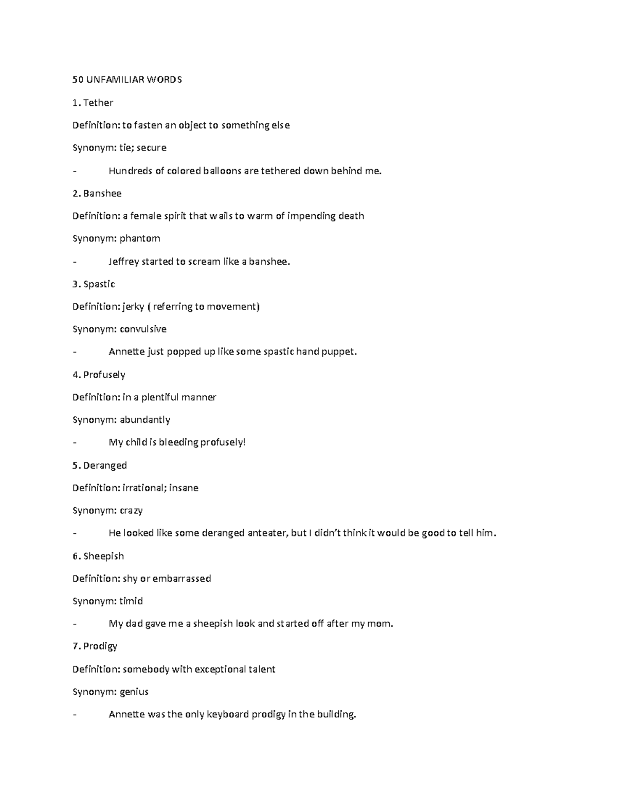 50 Unfamiliar Words Definitions & Examples - JKGHJ N Notes - Studocu