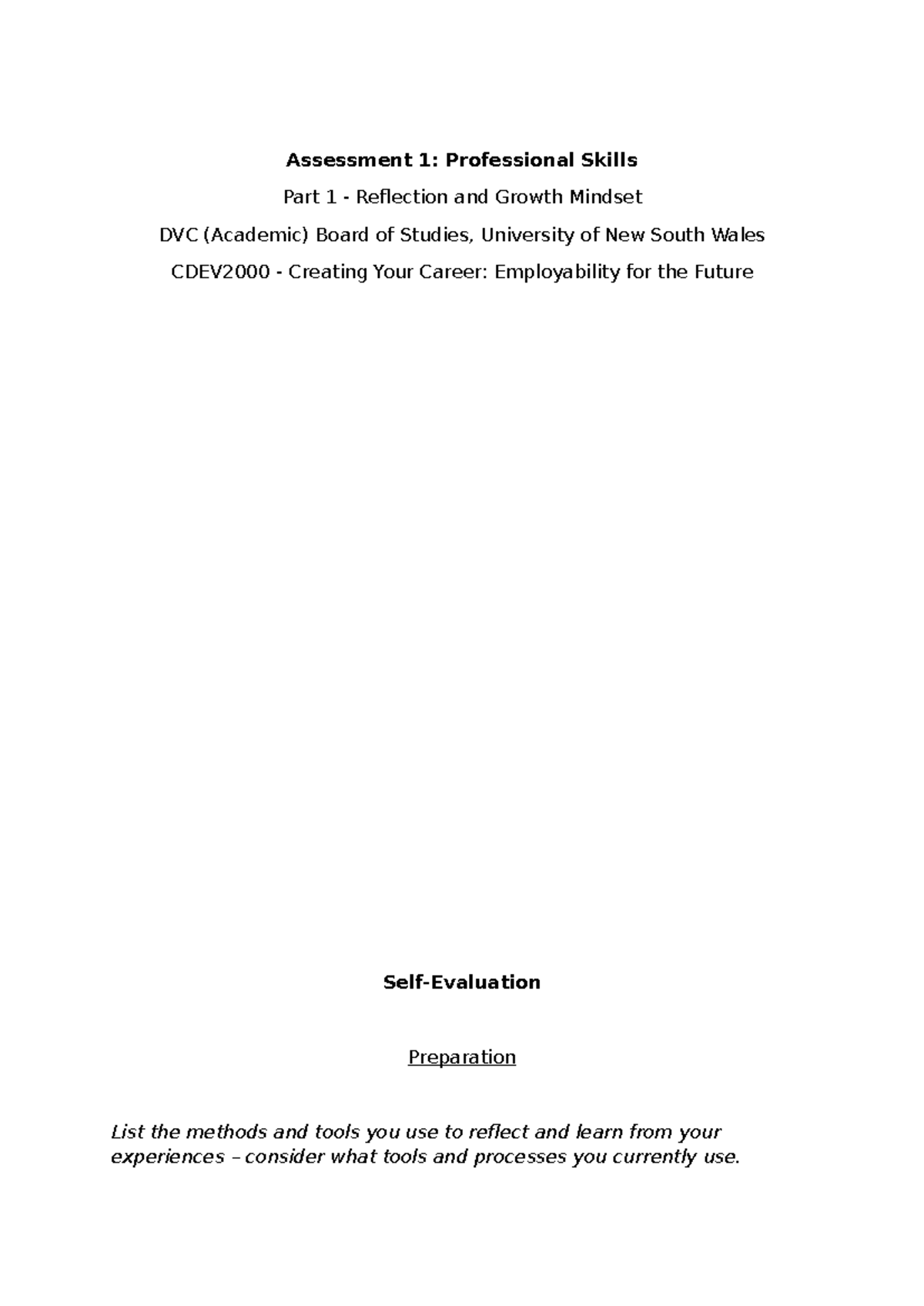 CDEV2000 Assessment 1 Part 1: Reflection & Growth Mindset Strategies ...