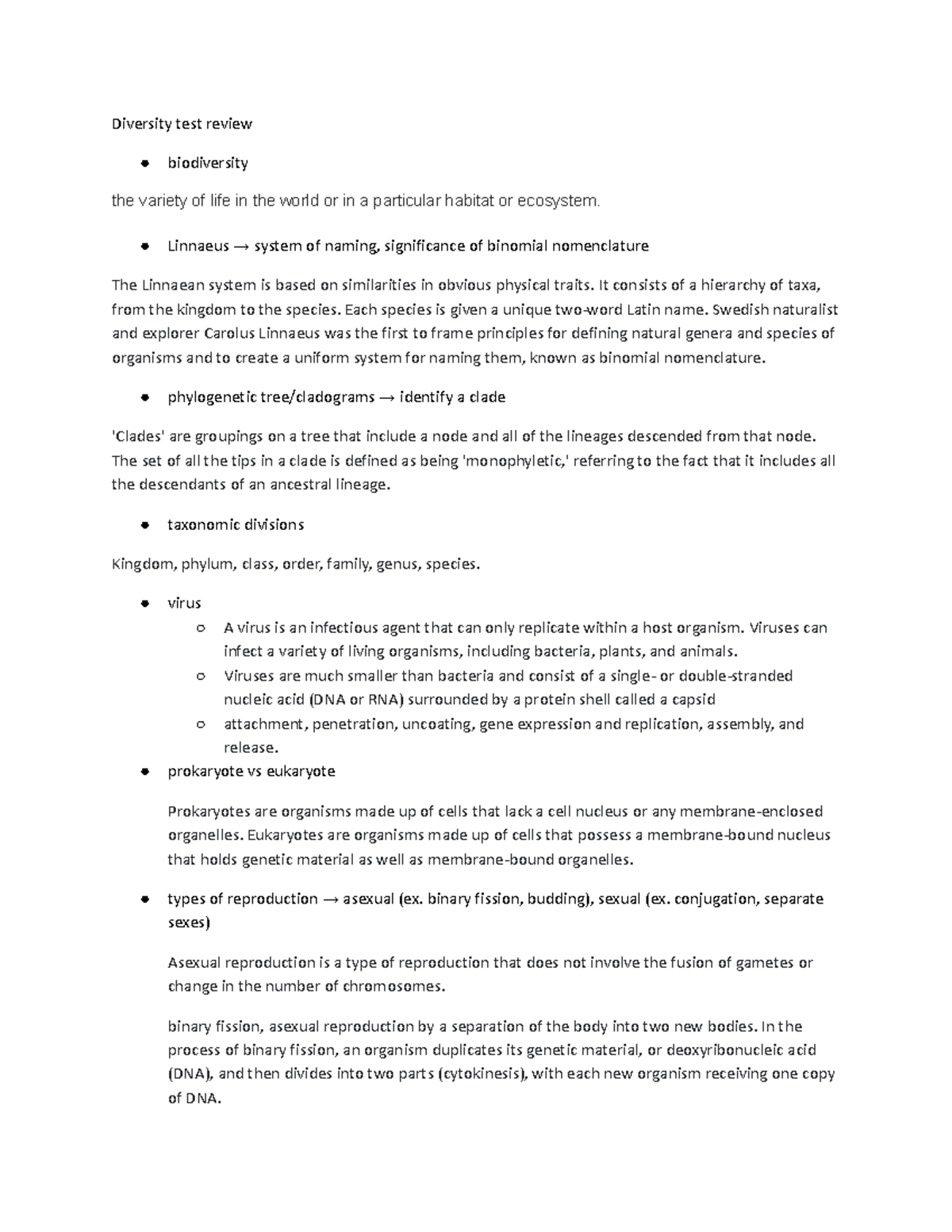 BIOL 101: Biodiversity & Taxonomy Review Notes - Studocu