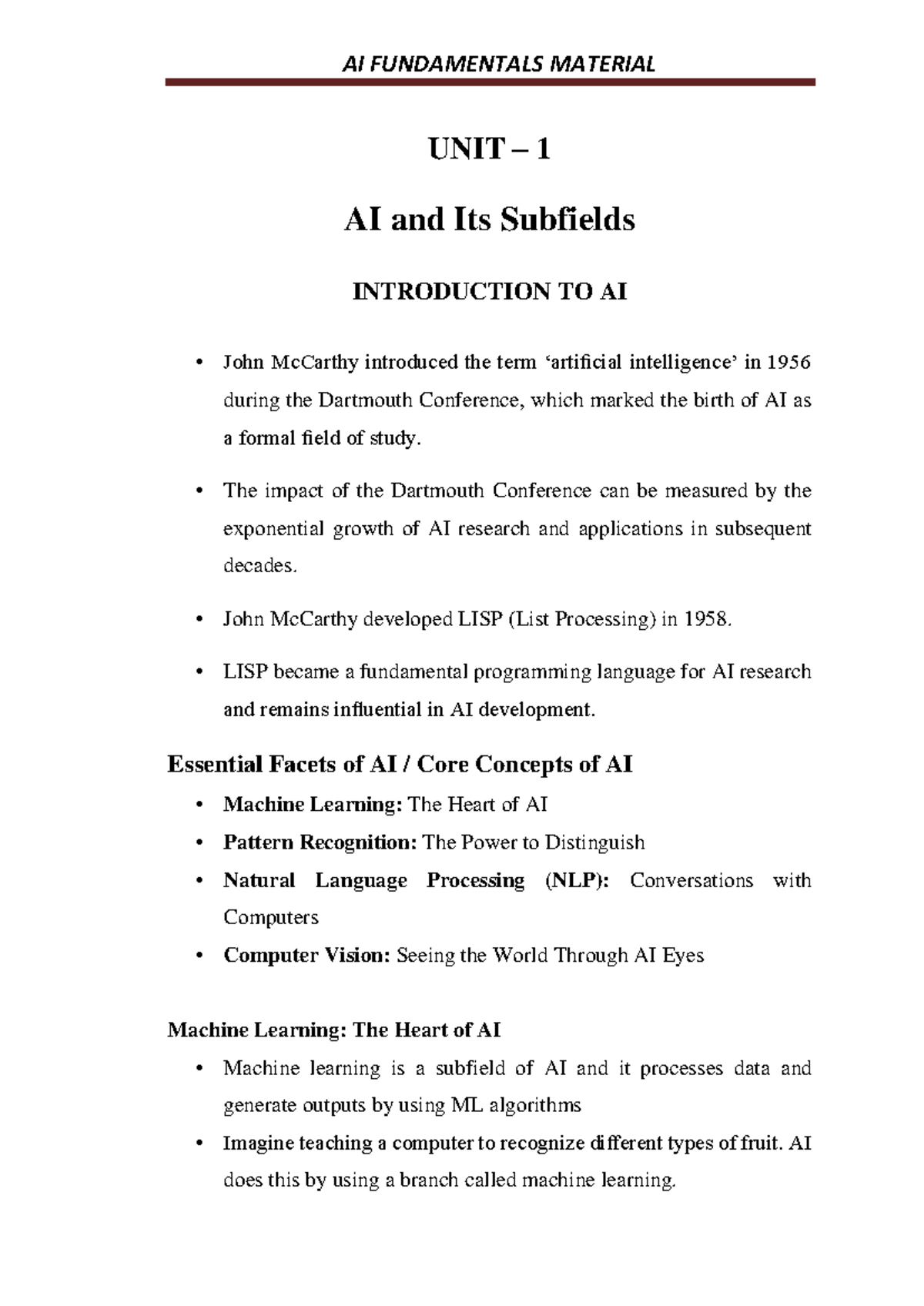 AI FUNDAMENTALS MATERIAL UNIT 1: Introduction to AI and Its Subfields ...