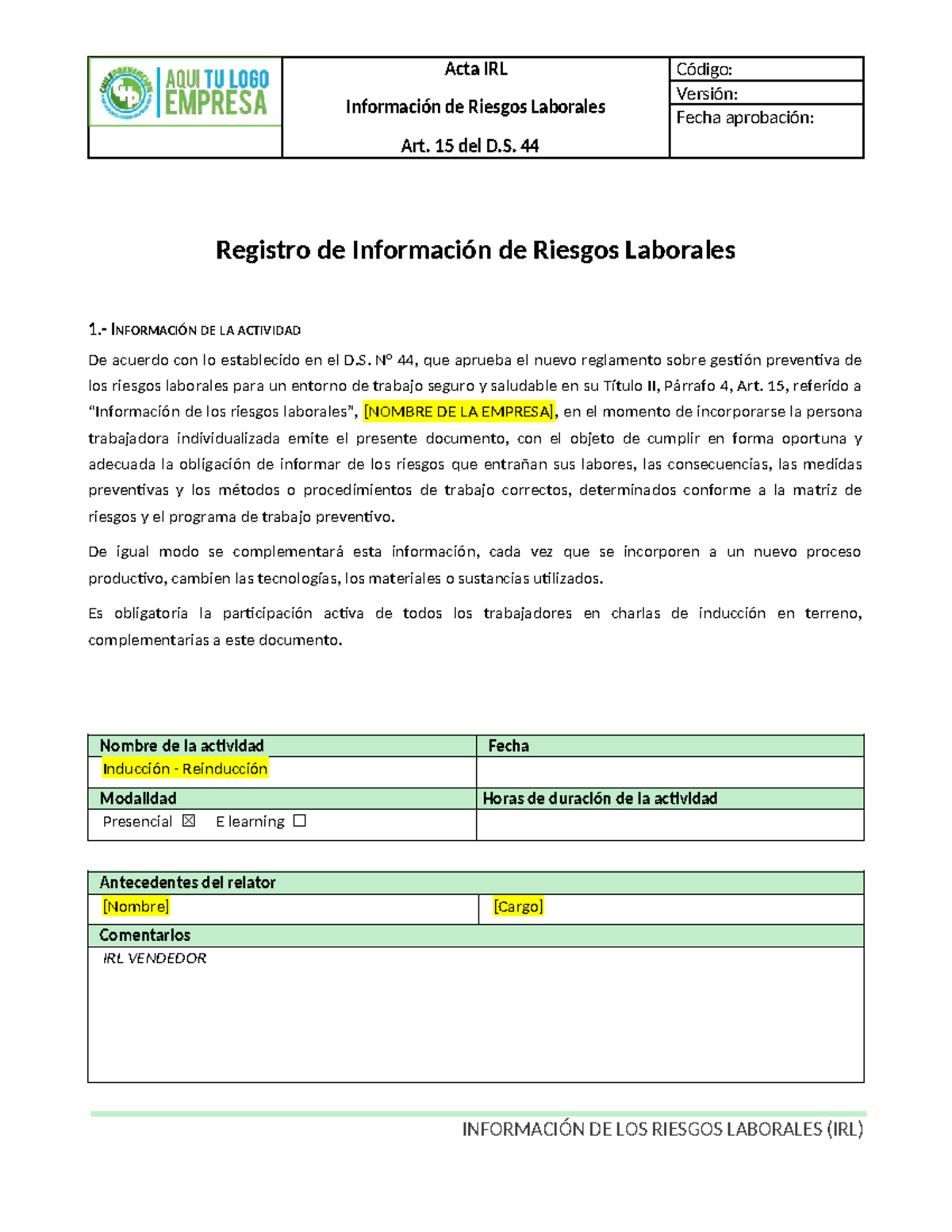 IRL Vendedor: Información sobre Riesgos Laborales y Prevención - Studocu