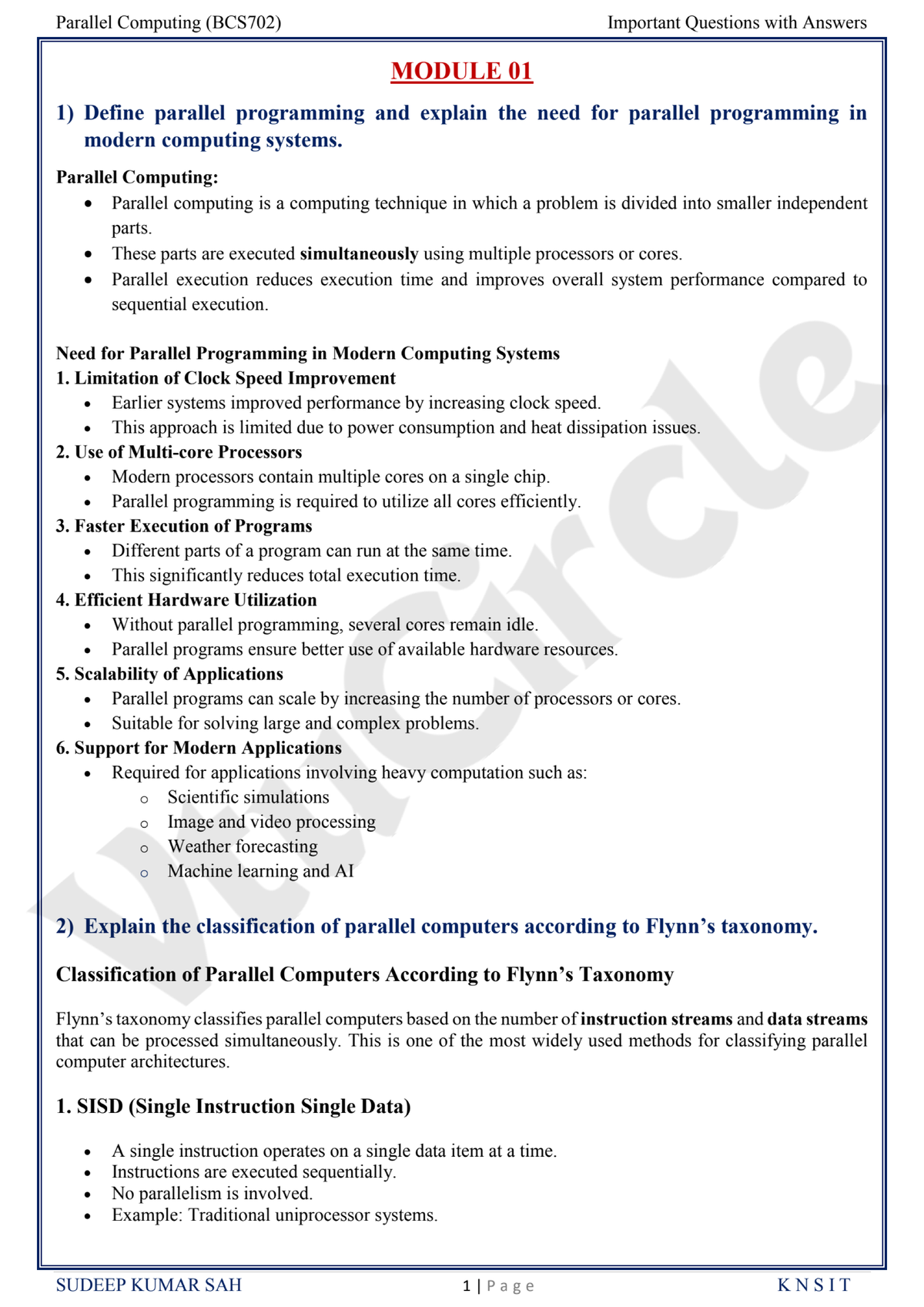 Parallel Computing (BCS702) Key Questions & Answers for Module 01 - Studocu