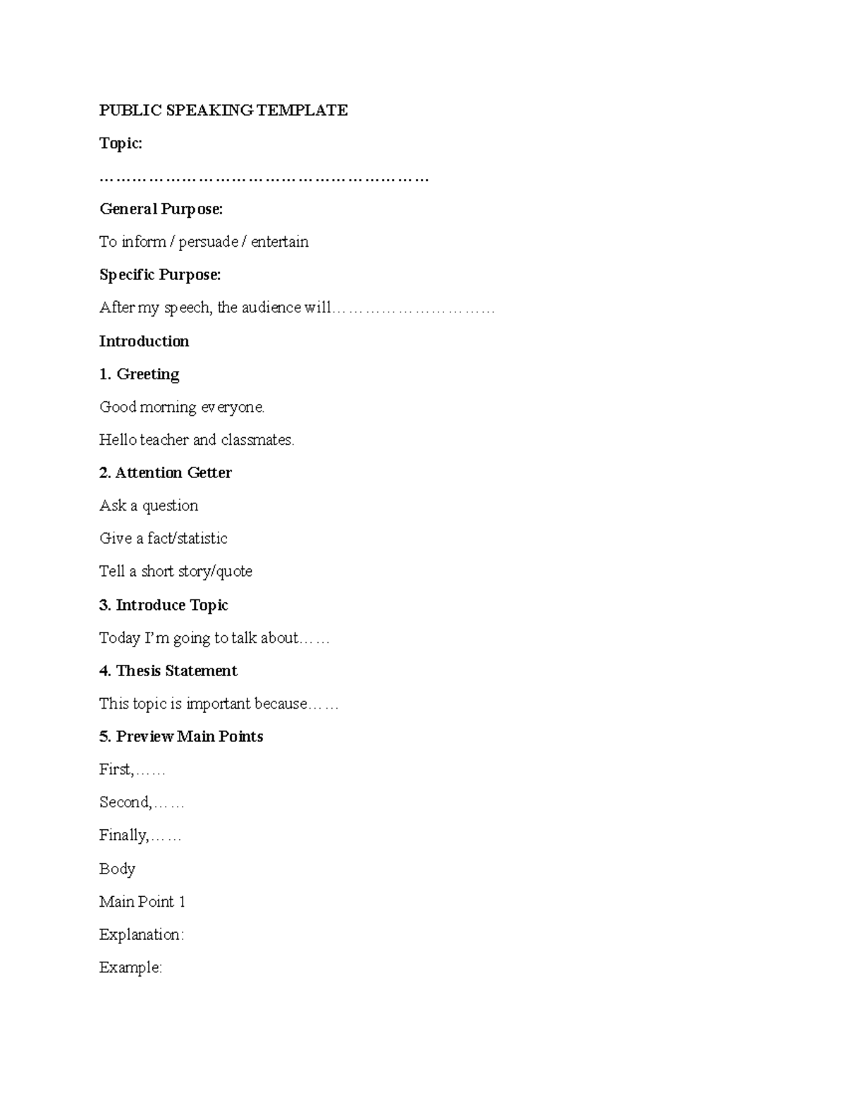 PUBLIC SPEAKING TEMPLATE: Inform, Persuade, Entertain Guide - Studocu