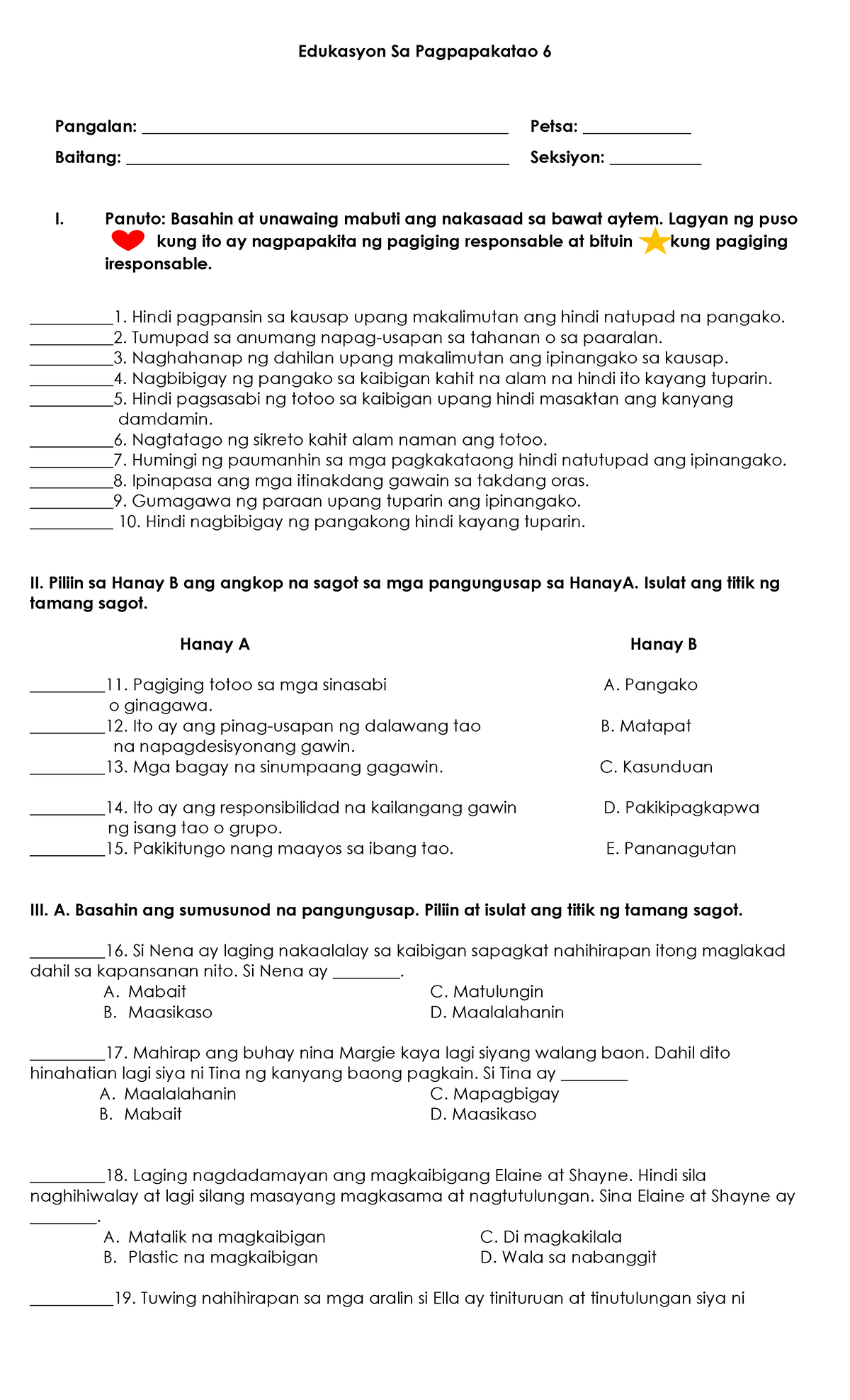 ESP-6 2nd Quarter Periodical Test on Responsibility and Values - Studocu
