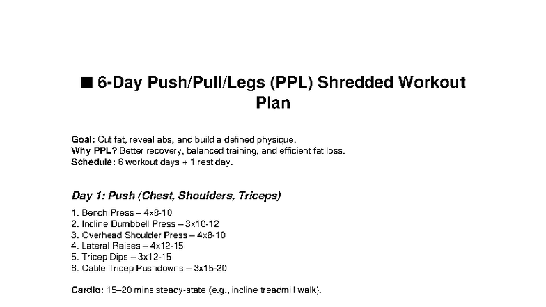 (PPL) 6-Day Shredded Workout Plan for Fat Loss and Muscle Definition ...